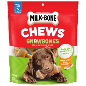 milk-bone chews gnawbones rawhide free dog treats, chicken, 5 long lasting small/medium knotted bones