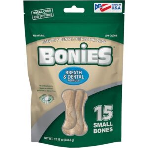 bonies natural breath and dental formula small-sized single bone - all-natural ingredients, fresh breath, cleans teeth, low calories, chicken flavor, 15 bones