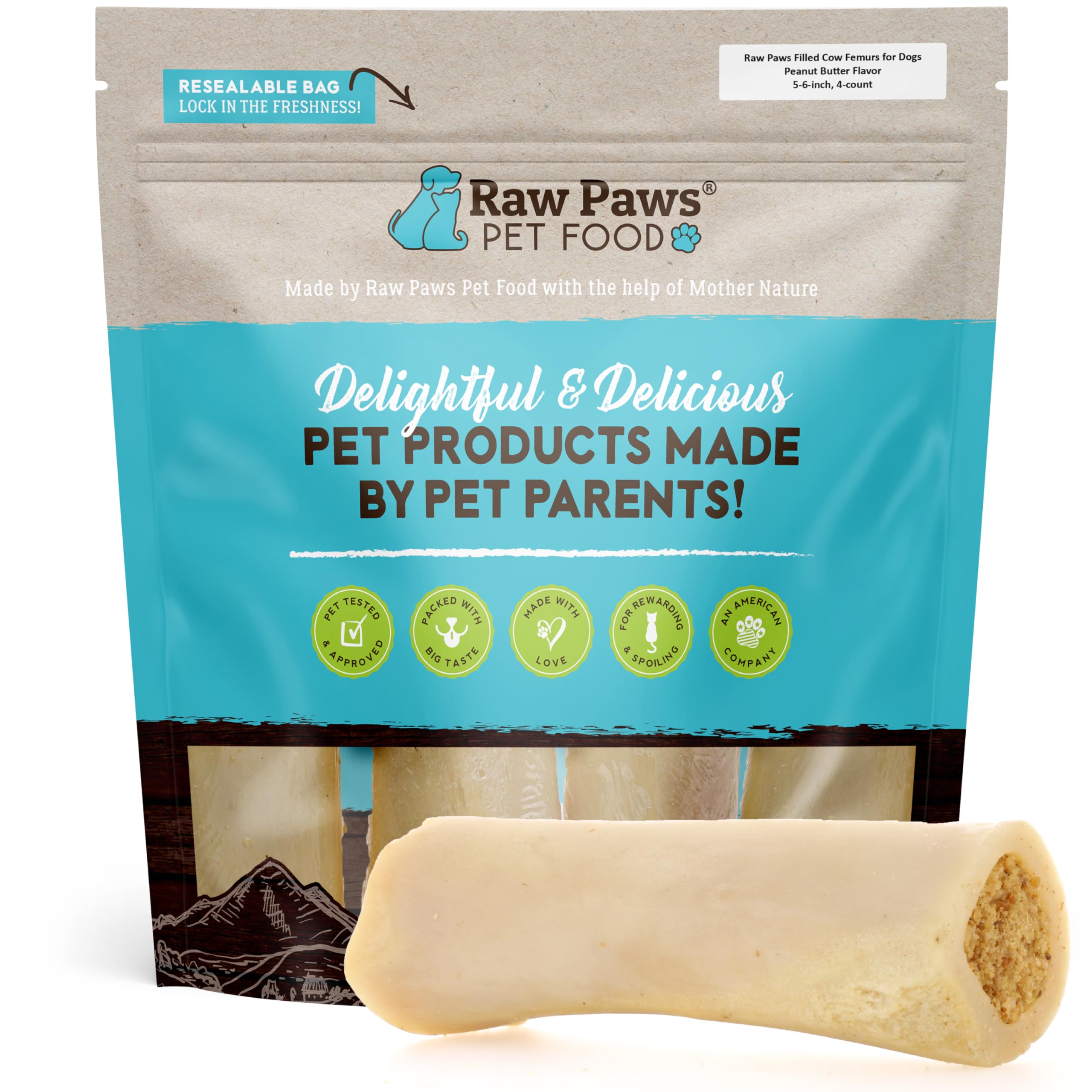 Raw Paws Filled Cow Femurs for Dogs - Peanut Butter Flavor, 5-6", 4-ct - Peanut Butter Filled Bones for Dogs - Filled Dog Bones for Large Dogs - Stuffed Dog Bones - Stuffed Bones for Dogs