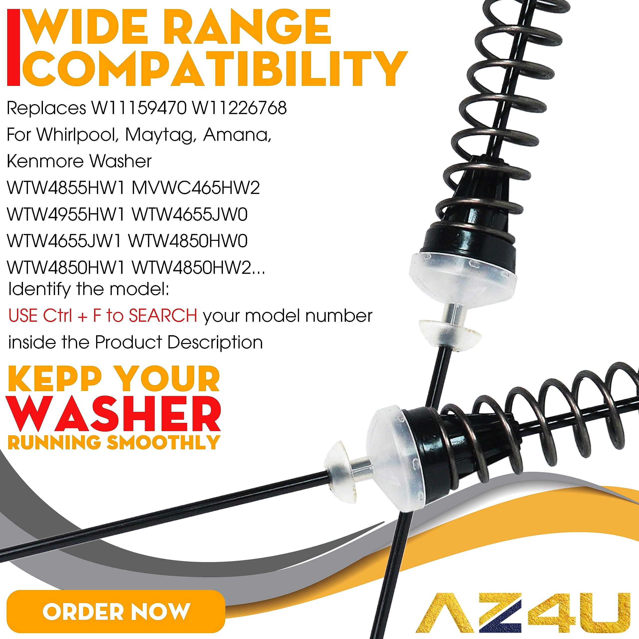 W11217817 Washer Suspension Rod Kit Replaces W11159470 W11226768 For Whirlpool, Maytag, Amana, Kenmore Washer WTW4855HW1 MVWC465HW2 WTW4955HW1 WTW4655JW0 WTW4655JW1 WTW4850HW0 WTW4850HW1 WTW4850HW2