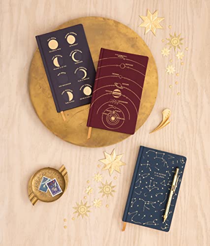 Designworks Ink Cloth Hardcover Journal Notebook with Lined Pages and Ribbon Marker for Work, Writing, Journaling - Charcoal Blue Journal with Gold Moon Phases and Affirmations 5.125" x 8.25"