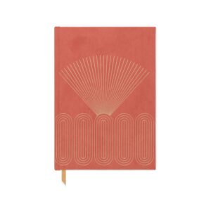 designworks ink suede cloth hardcover journal notebook with lined pages, ribbon bookmark, and storage pocket for work, writing, journaling - terracotta journal with gold radiant rays design 5.75" x 8.125"