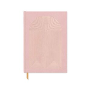 designworks ink suede cloth hardcover journal notebook with lined pages, ribbon bookmark, and storage pocket for work, writing, journaling - dusty pink journal with gold radiant rainbow design 5.75" x 8.125"