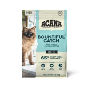 acana bountiful catch dry cat food for adult cats, salmon and whole herring recipe, fish cat food, 4lb