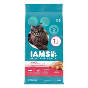 iams proactive health adult indoor weight & hairball care dry cat food with salmon, 7 lb. bag