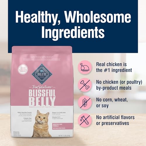 Blue Buffalo True Solutions Blissful Belly Digestive Care Natural Dry Food for Adult Cats, Chicken, 11-lb. Bag