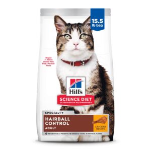 hill's science diet hairball control, adult 1-6, hairball control support, dry cat food, chicken recipe, 15.5 lb bag