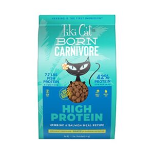 tiki cat born carnivore high protein, herring & salmon meal, grain-free baked kibble to maximize nutrients, dry cat food, 11.1 lbs. bag