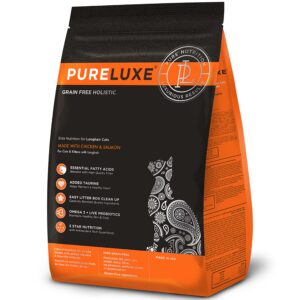 pureluxe grain and gluten free cat food, long hair elite nutrition, chicken and salmon, for cats and kittens with longhair at all life stages and breeds, made in the usa, 3.3lbs