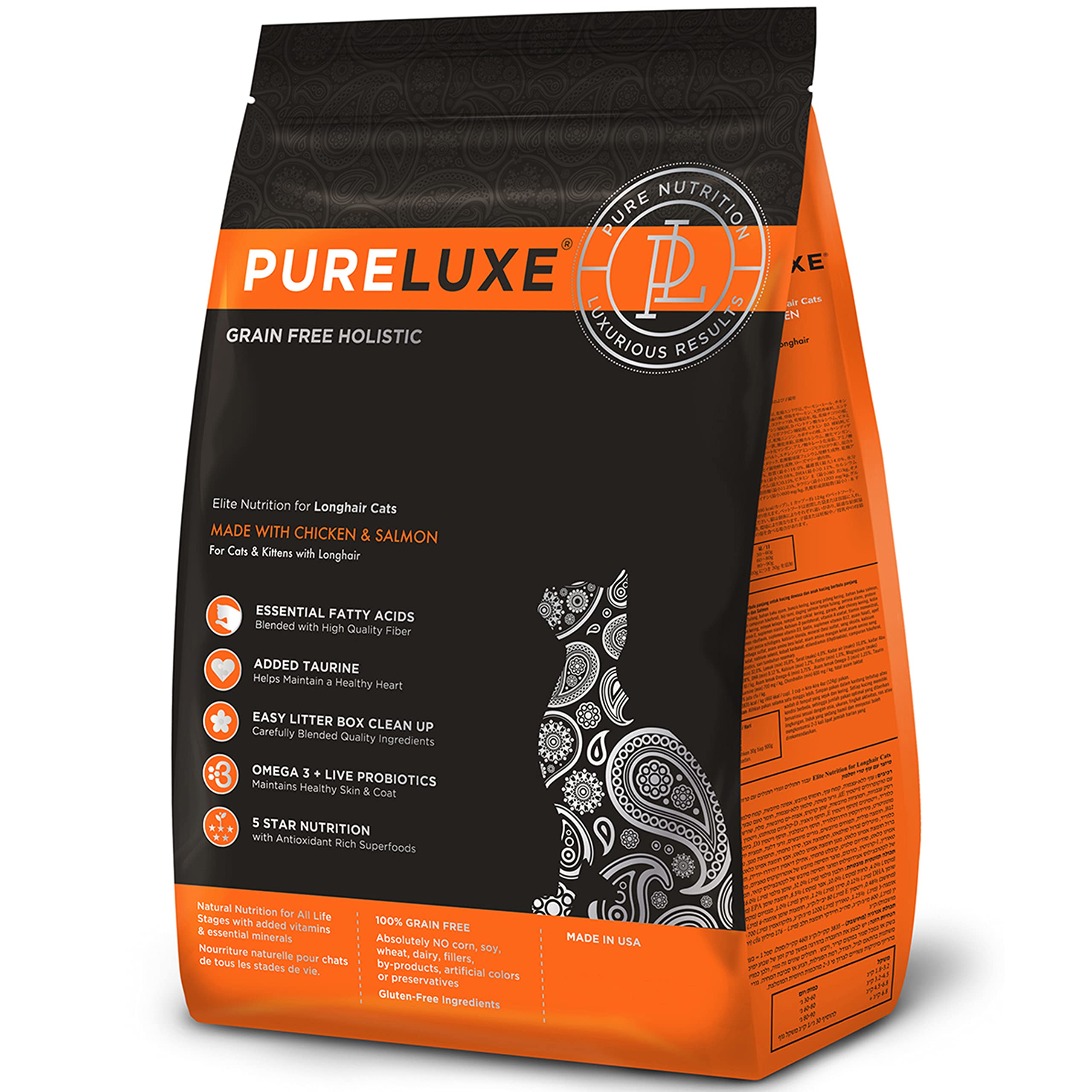 PURELUXE Grain and Gluten Free Cat Food, Long Hair Elite Nutrition, Chicken and Salmon, for Cats and Kittens with Longhair at All Life Stages and Breeds, Made in The USA, 3.3lbs