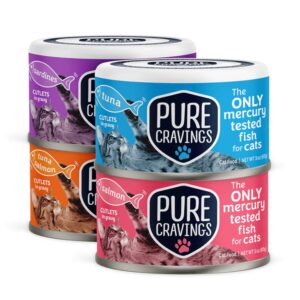 pure cravings wet cat food variety pack tuna, salmon, sardines, tuna/salmon in gravy, 100% mercury-tested, moist can fish for cats, grain-free, protein, non-gmo, pack of 12