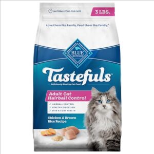 blue buffalo tastefuls adult hairball care dry cat food, made in the usa with natural ingredients, chicken & brown rice recipe, 3-lb. bag