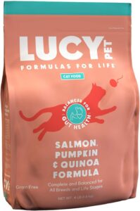 lucy pet products formulas for life - sensitive stomach & skin dry cat food, all breeds & life stages - salmon, pumpkin, & quinoa, 4 lb bag