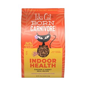 tiki cat born carnivore indoor health, chicken & turkey meal, grain-free baked kibble to maximize nutrients, dry cat food, 12 lbs. bag