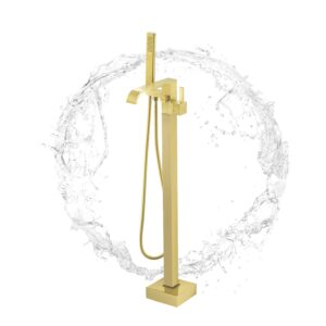 kalog single handle freestanding tub filler floor mount bathtub faucet with square handheld shower (brushed gold-f)