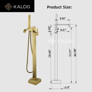 Kalog Single Handle Freestanding Tub Filler Floor Mount Bathtub Faucet with Square Handheld Shower (Brushed Gold-F)