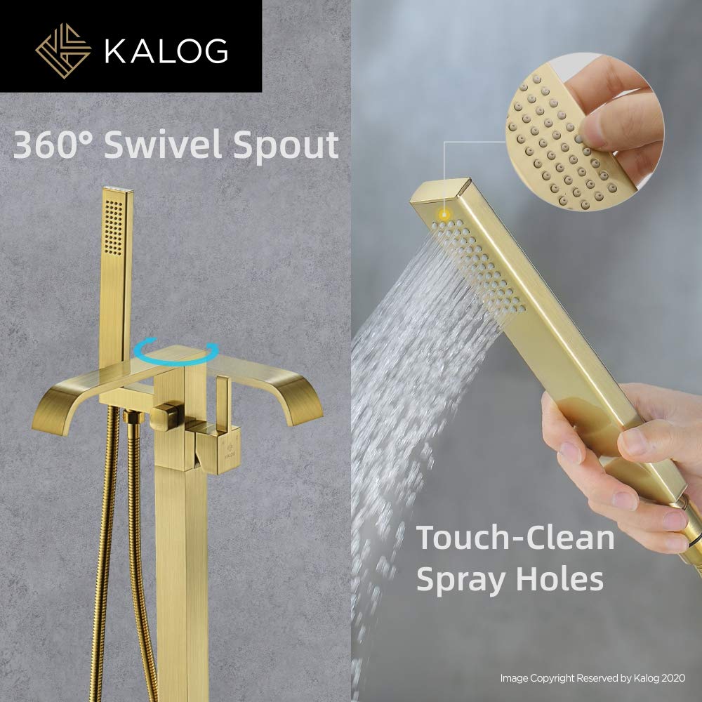 Kalog Single Handle Freestanding Tub Filler Floor Mount Bathtub Faucet with Square Handheld Shower (Brushed Gold-F)