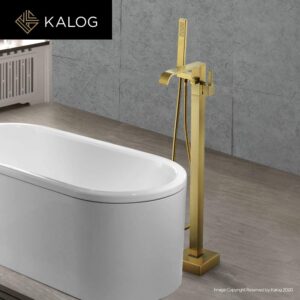 Kalog Single Handle Freestanding Tub Filler Floor Mount Bathtub Faucet with Square Handheld Shower (Brushed Gold-F)