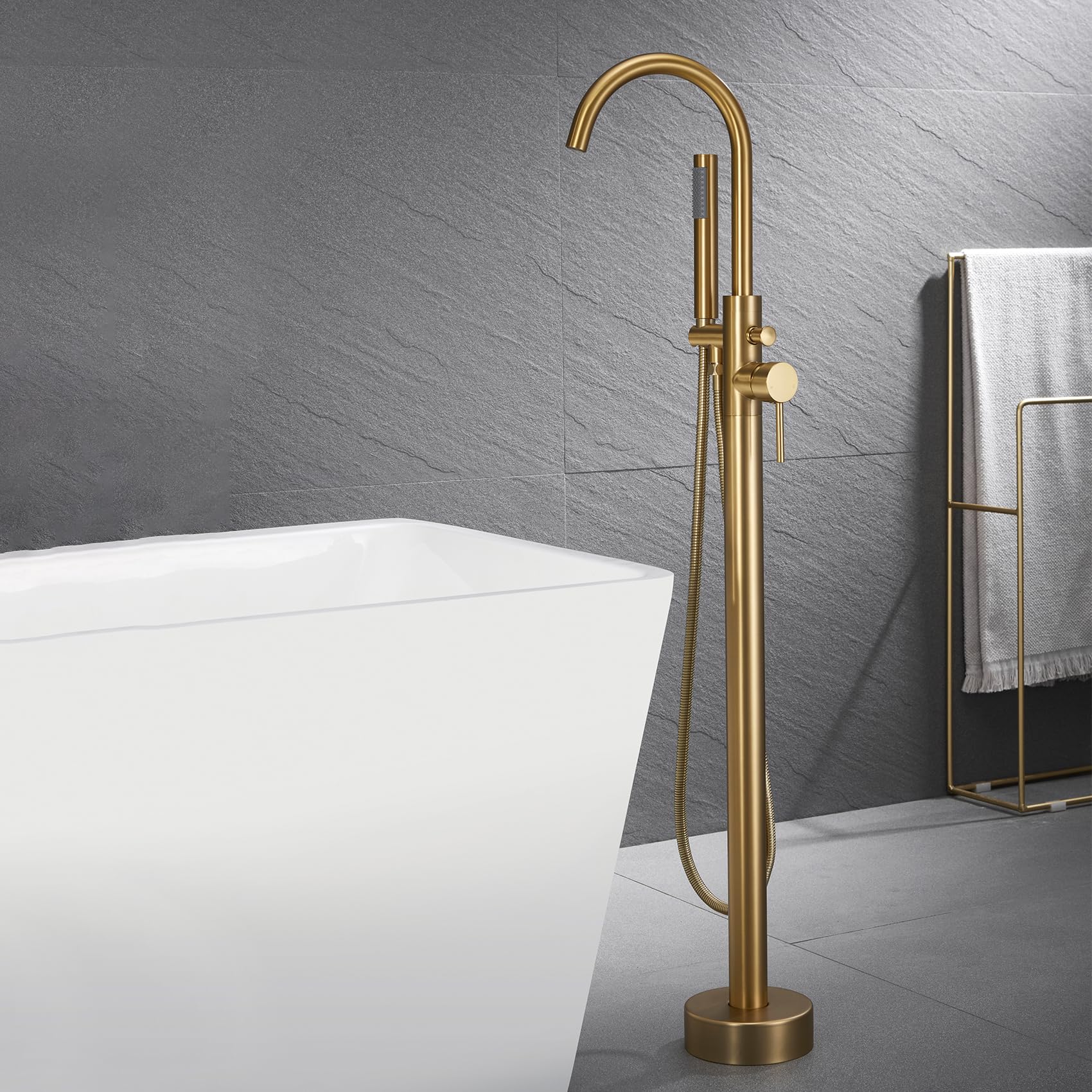 TapLong Brushed Gold Floor Mounted Tub Filler Shower Faucet Freestanding Bathtub Faucet with Hand shower High Flow Rate Max 6 GPM-51015BG