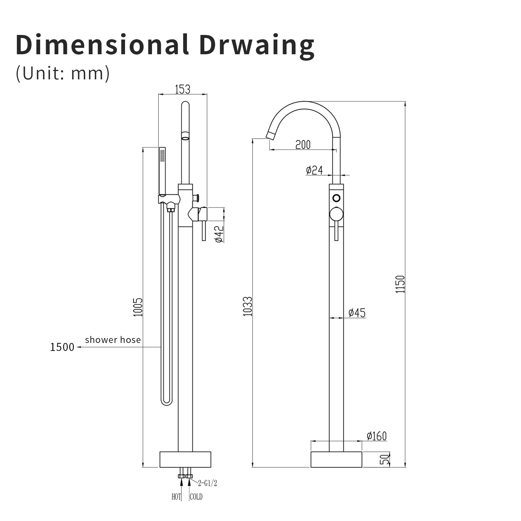 TapLong Brushed Gold Floor Mounted Tub Filler Shower Faucet Freestanding Bathtub Faucet with Hand shower High Flow Rate Max 6 GPM-51015BG