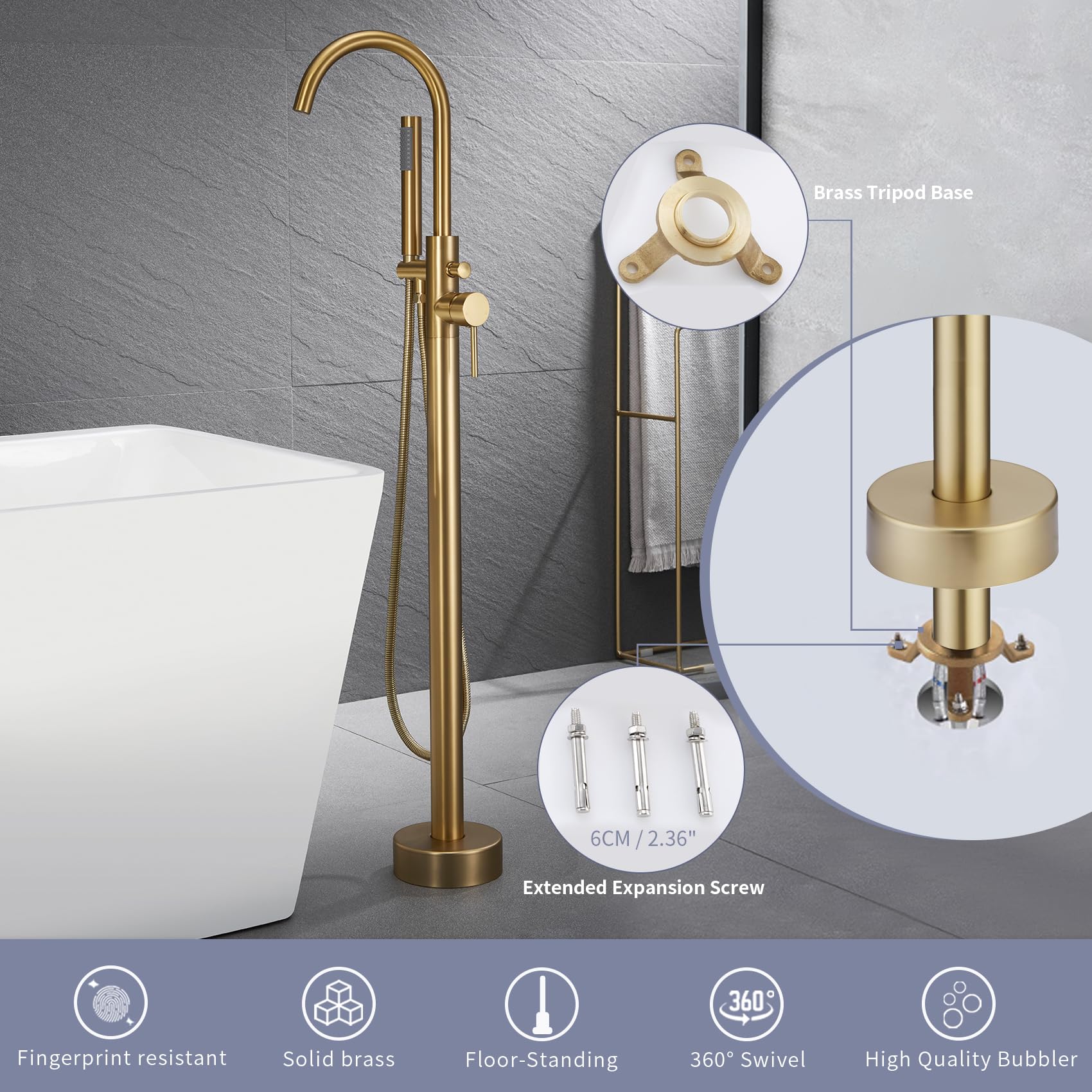 TapLong Brushed Gold Floor Mounted Tub Filler Shower Faucet Freestanding Bathtub Faucet with Hand shower High Flow Rate Max 6 GPM-51015BG