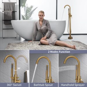 TapLong Brushed Gold Floor Mounted Tub Filler Shower Faucet Freestanding Bathtub Faucet with Hand shower High Flow Rate Max 6 GPM-51015BG