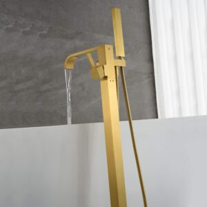 Artiqua Freestanding Bathtub Faucet Tub Filler Brushed Gold Floor Mount Faucets Brass Single Handle with Hand Shower