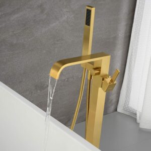 Artiqua Freestanding Bathtub Faucet Tub Filler Brushed Gold Floor Mount Faucets Brass Single Handle with Hand Shower