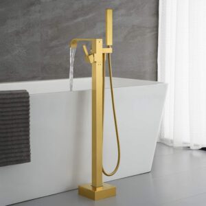 Artiqua Freestanding Bathtub Faucet Tub Filler Brushed Gold Floor Mount Faucets Brass Single Handle with Hand Shower