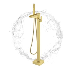 kalog waterfall model single handle freestanding tub filler floor mount bathtub faucet with square handheld shower (brushed gold-d)