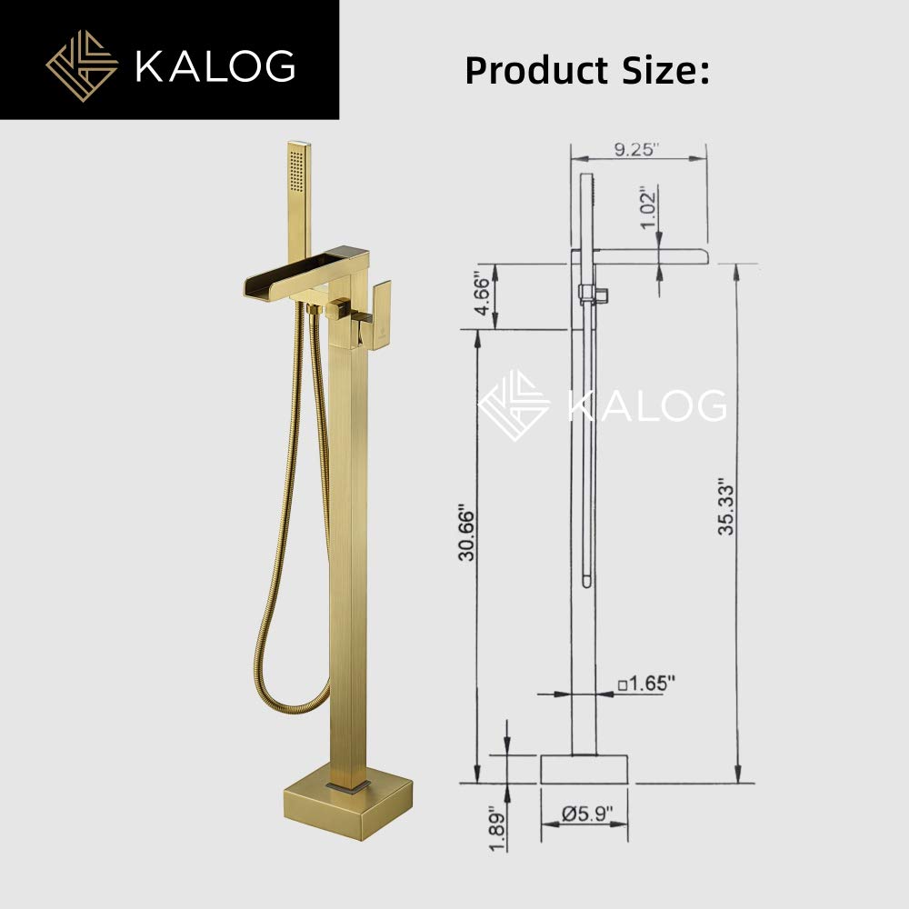 KALOG Waterfall Model Single Handle Freestanding Tub Filler Floor Mount Bathtub Faucet with Square Handheld Shower (Brushed Gold-D)