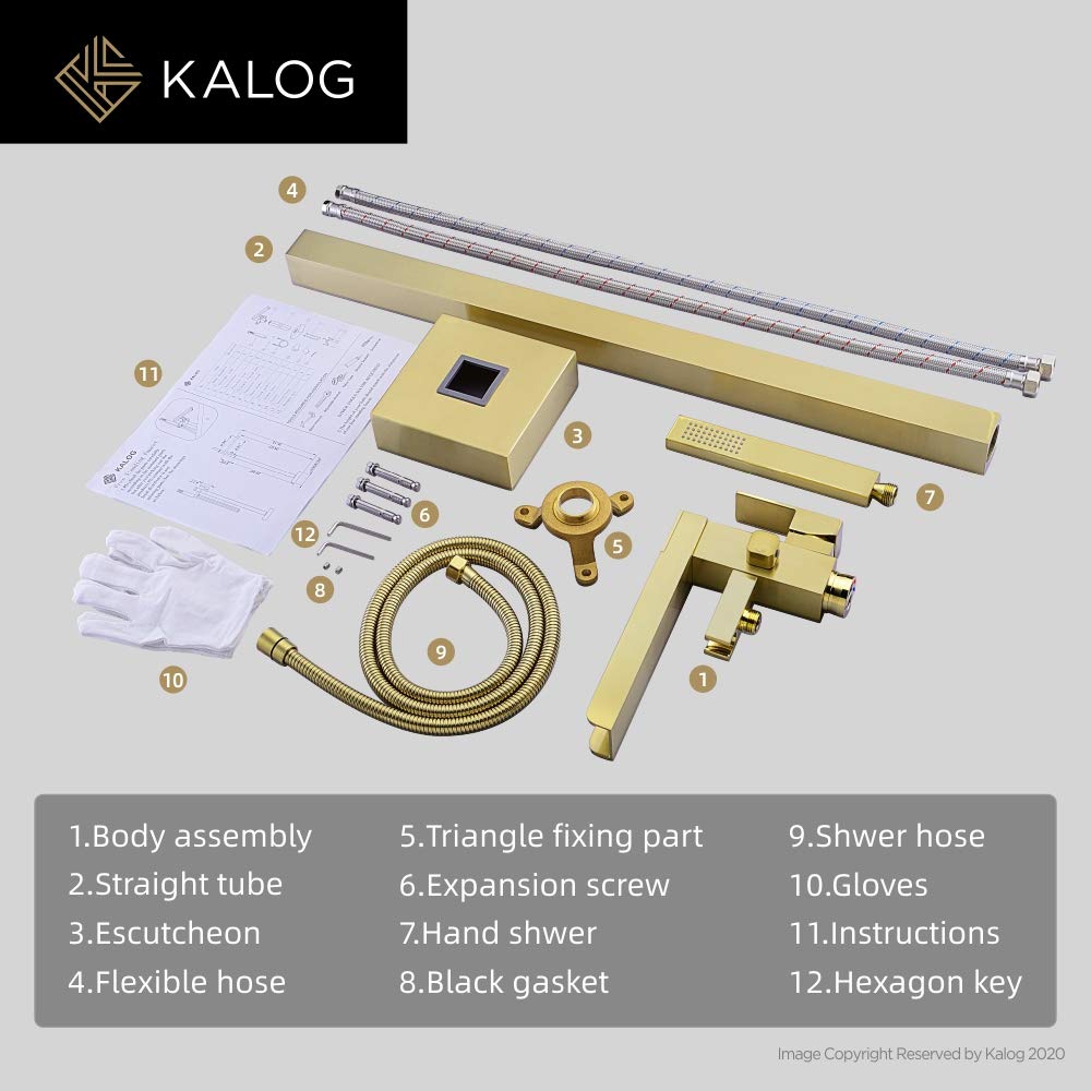 KALOG Waterfall Model Single Handle Freestanding Tub Filler Floor Mount Bathtub Faucet with Square Handheld Shower (Brushed Gold-D)