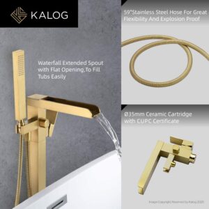 KALOG Waterfall Model Single Handle Freestanding Tub Filler Floor Mount Bathtub Faucet with Square Handheld Shower (Brushed Gold-D)