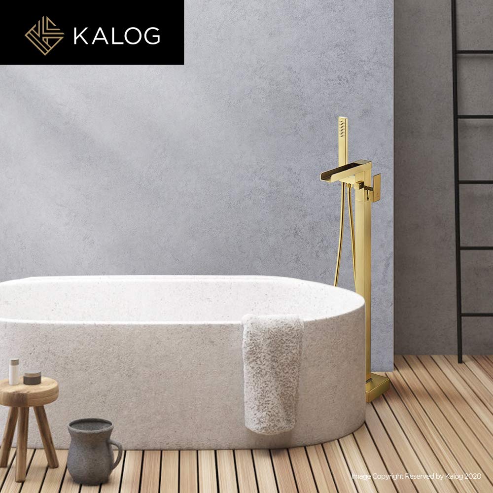 KALOG Waterfall Model Single Handle Freestanding Tub Filler Floor Mount Bathtub Faucet with Square Handheld Shower (Brushed Gold-D)