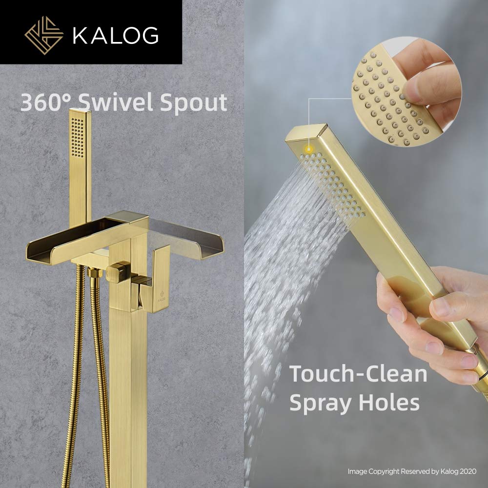 KALOG Waterfall Model Single Handle Freestanding Tub Filler Floor Mount Bathtub Faucet with Square Handheld Shower (Brushed Gold-D)