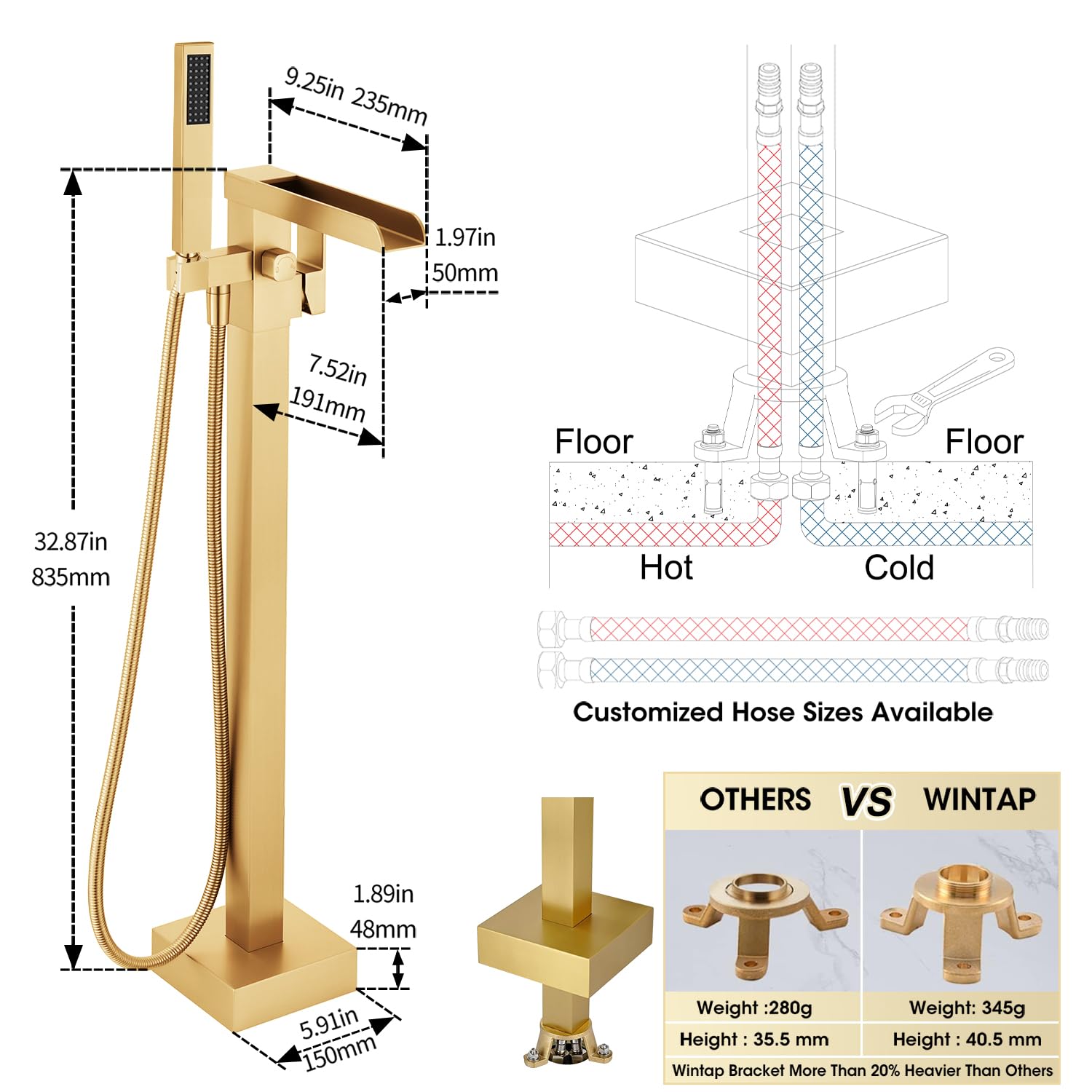 Wintap Freestanding Bathtub Faucet,Floor Mount Tub Filler High Flow Waterfall Bath Filler,Brushed Gold Tub Faucets with Hand Shower