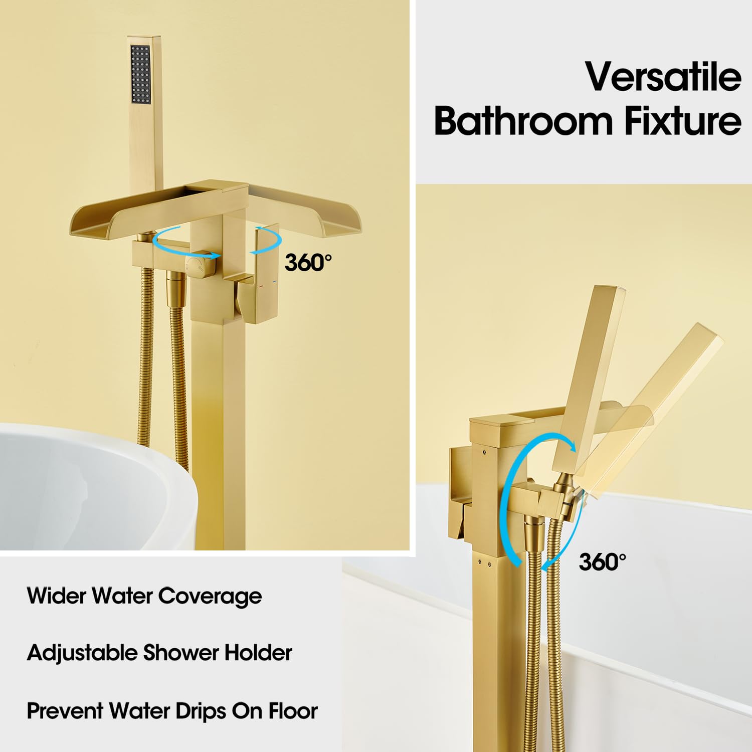 Wintap Freestanding Bathtub Faucet,Floor Mount Tub Filler High Flow Waterfall Bath Filler,Brushed Gold Tub Faucets with Hand Shower