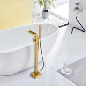 Wintap Freestanding Bathtub Faucet,Floor Mount Tub Filler High Flow Waterfall Bath Filler,Brushed Gold Tub Faucets with Hand Shower