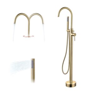 freestanding bathtub faucet brushed gold floor mount tub filler with single handle, free standing tub faucet with swivel tub spout, modern tub shower faucet with hand shower 59〞 shower hose jiaenlema