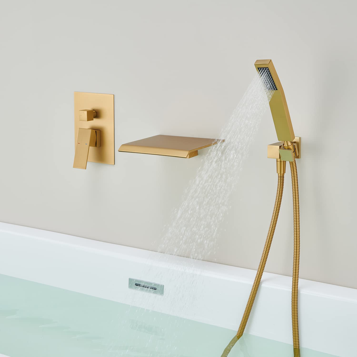 Wowkk Wall Mount Tub Filler Waterfall Tub Faucet Brushed Gold Bathtub Faucet Brass Single Handle Bathroom Faucet with Hand Shower