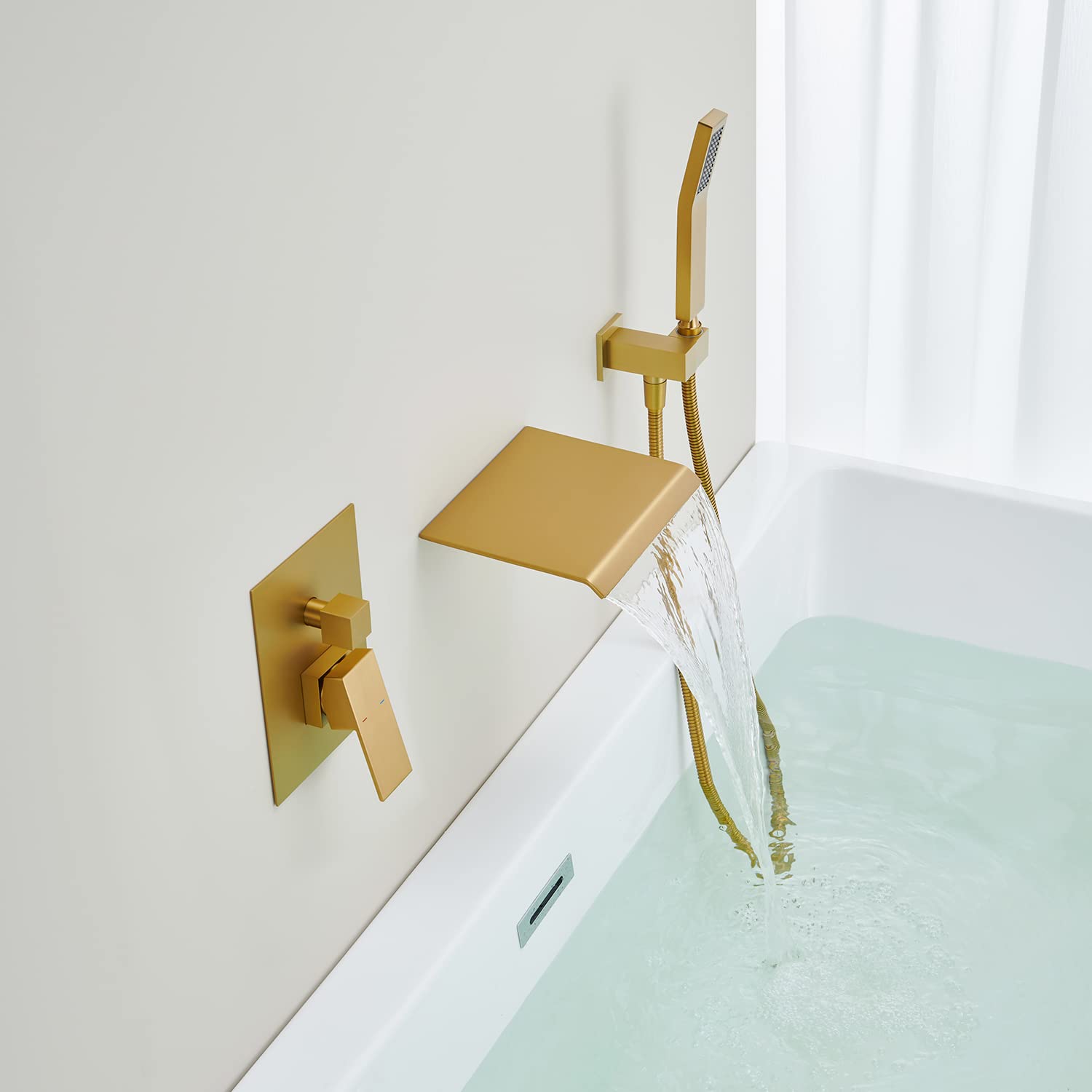 Wowkk Wall Mount Tub Filler Waterfall Tub Faucet Brushed Gold Bathtub Faucet Brass Single Handle Bathroom Faucet with Hand Shower