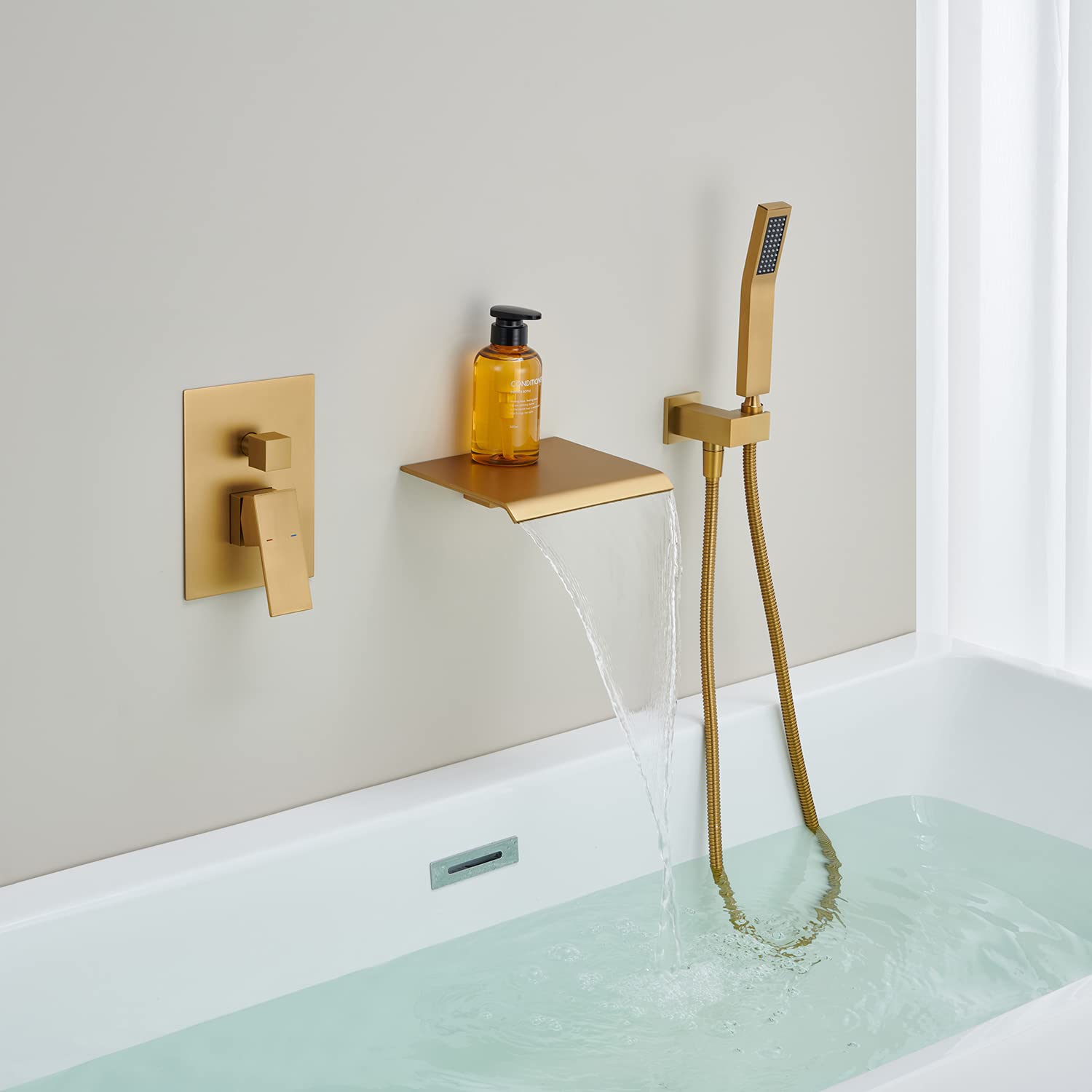 Wowkk Wall Mount Tub Filler Waterfall Tub Faucet Brushed Gold Bathtub Faucet Brass Single Handle Bathroom Faucet with Hand Shower