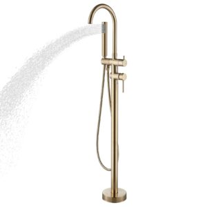 brushed gold freestanding bathtub faucet with hand shower tub filler faucet floor mounted high flow single handle bath filler solid brass