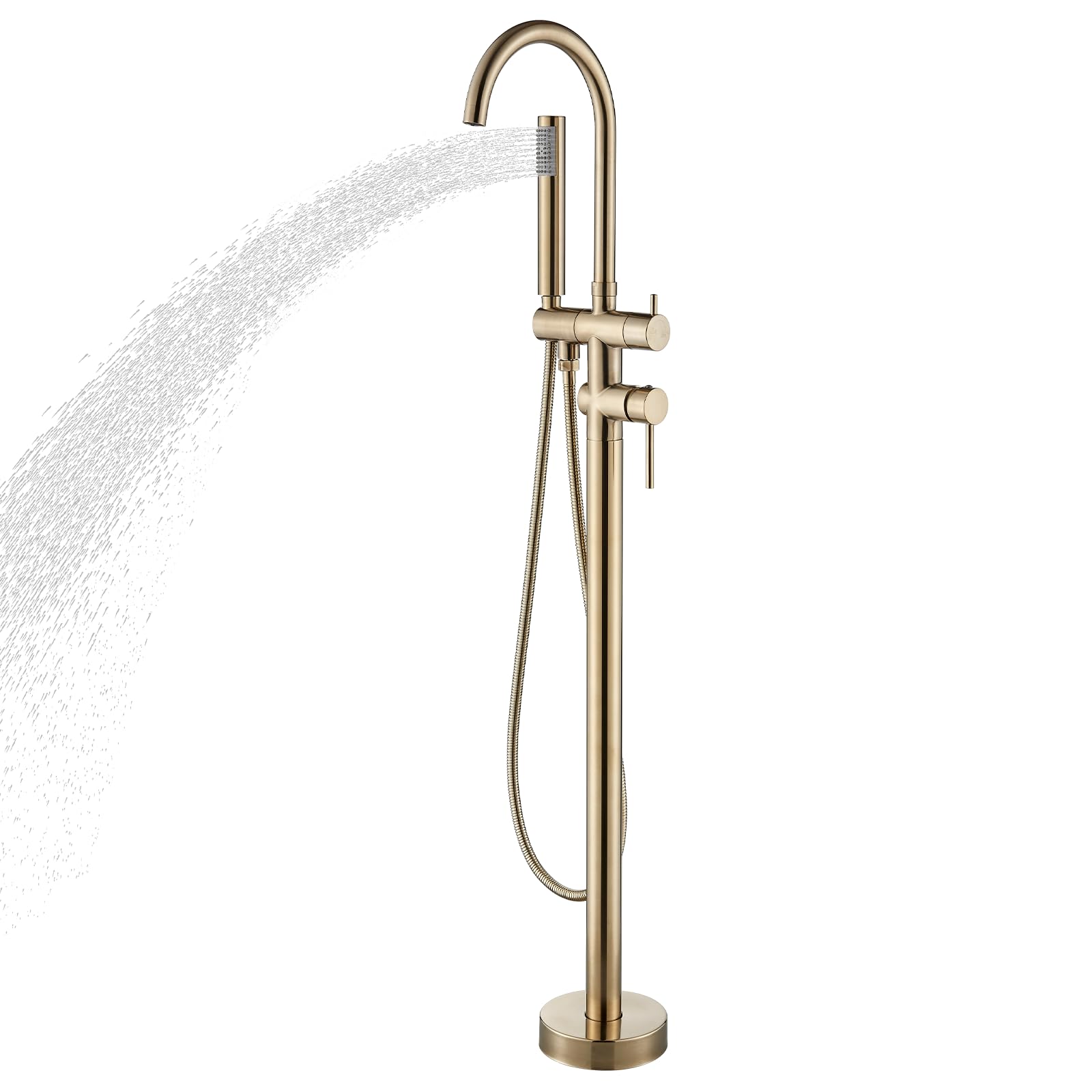 Brushed Gold Freestanding Bathtub Faucet with Hand Shower Tub Filler Faucet Floor Mounted High Flow Single Handle Bath Filler Solid Brass