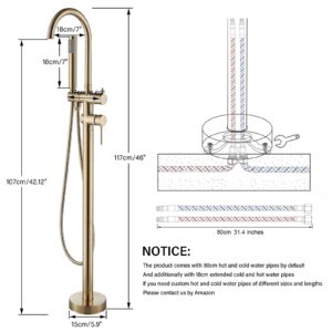 Brushed Gold Freestanding Bathtub Faucet with Hand Shower Tub Filler Faucet Floor Mounted High Flow Single Handle Bath Filler Solid Brass