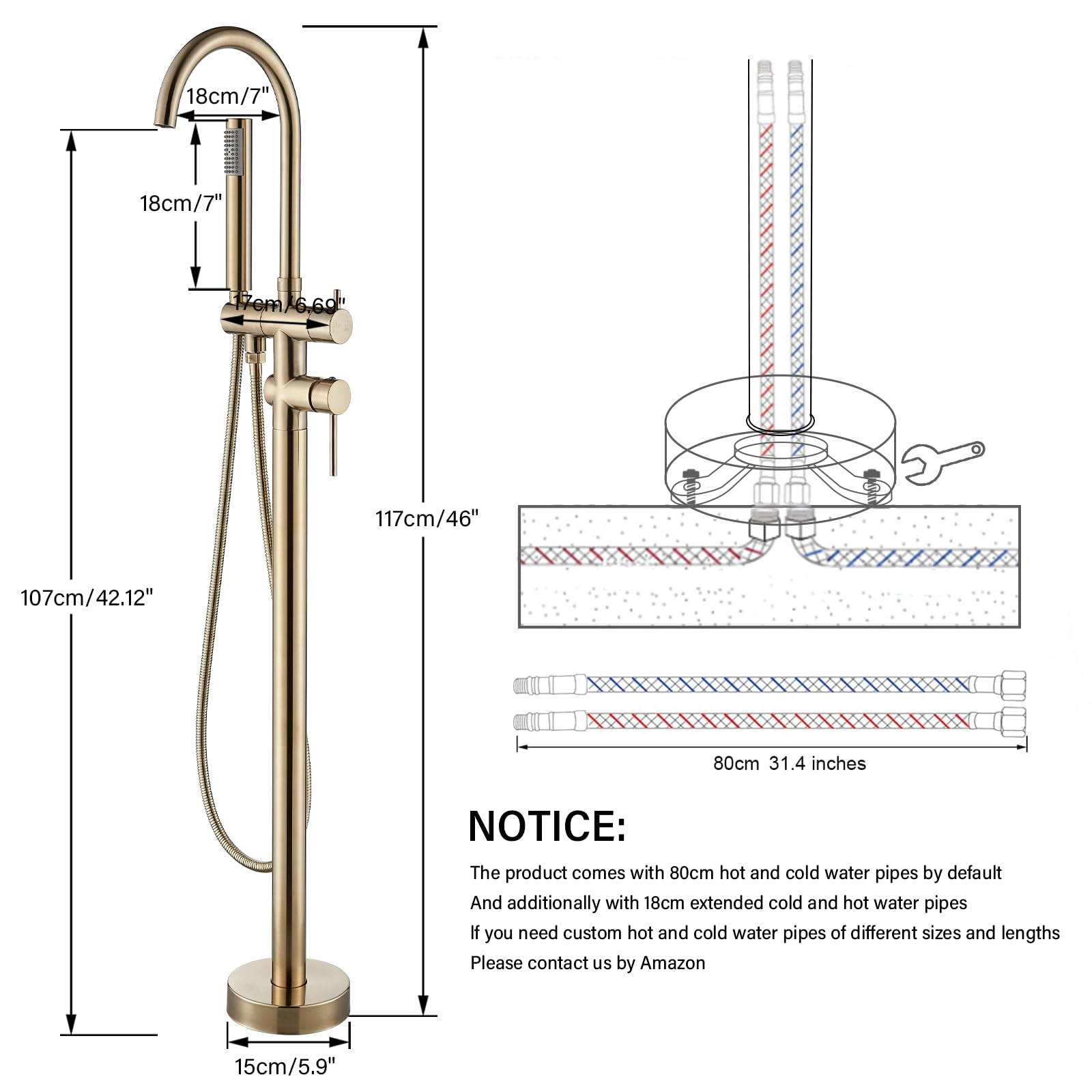 Brushed Gold Freestanding Bathtub Faucet with Hand Shower Tub Filler Faucet Floor Mounted High Flow Single Handle Bath Filler Solid Brass