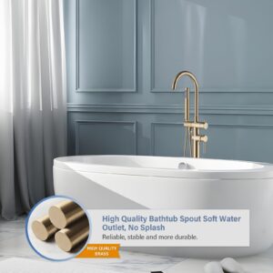 Brushed Gold Freestanding Bathtub Faucet with Hand Shower Tub Filler Faucet Floor Mounted High Flow Single Handle Bath Filler Solid Brass