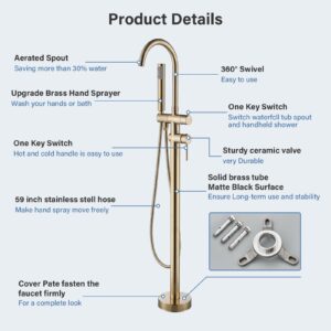 Brushed Gold Freestanding Bathtub Faucet with Hand Shower Tub Filler Faucet Floor Mounted High Flow Single Handle Bath Filler Solid Brass