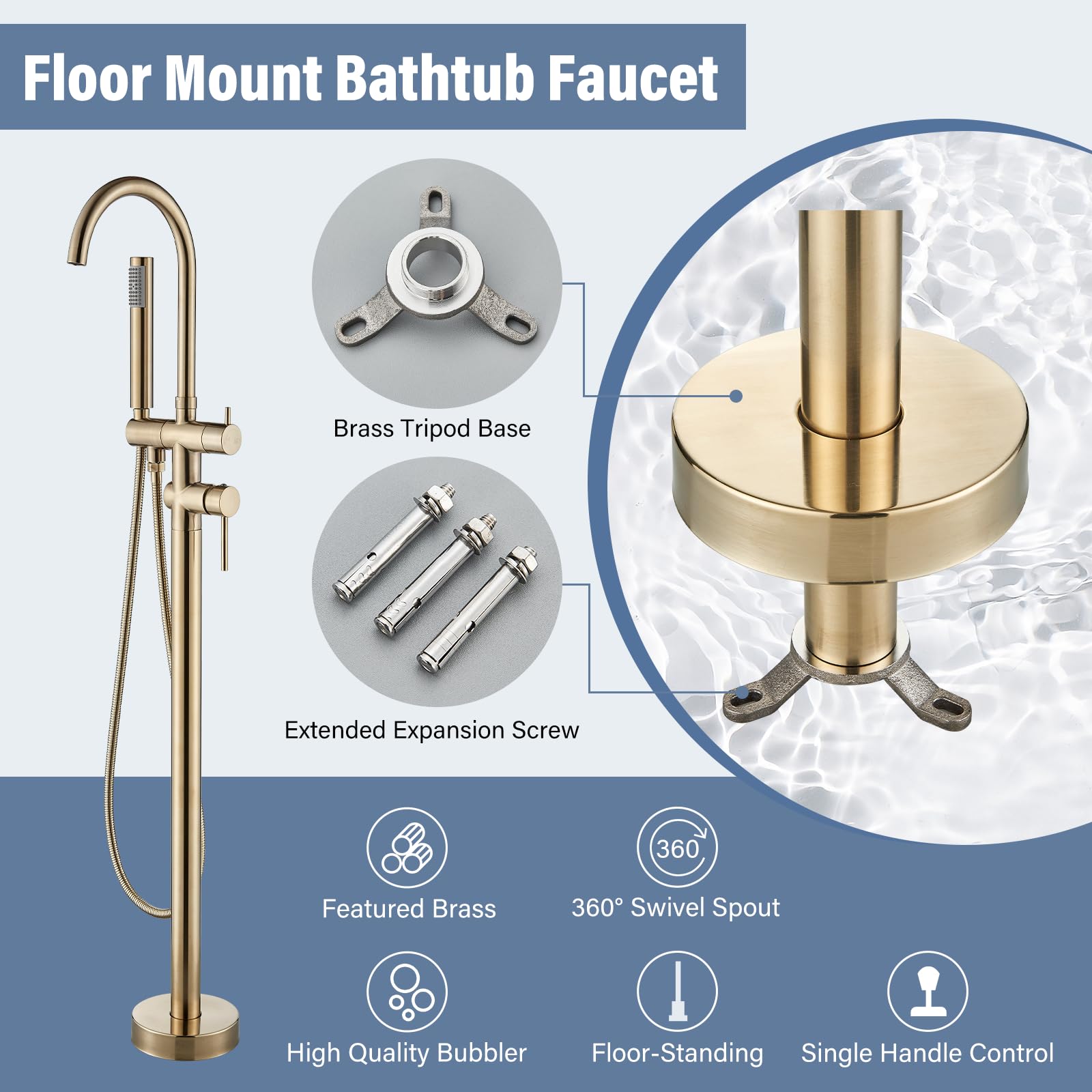 Brushed Gold Freestanding Bathtub Faucet with Hand Shower Tub Filler Faucet Floor Mounted High Flow Single Handle Bath Filler Solid Brass