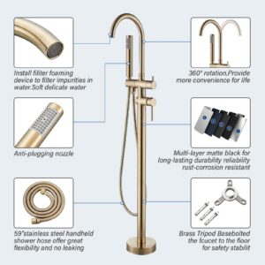 Brushed Gold Freestanding Bathtub Faucet with Hand Shower Tub Filler Faucet Floor Mounted High Flow Single Handle Bath Filler Solid Brass